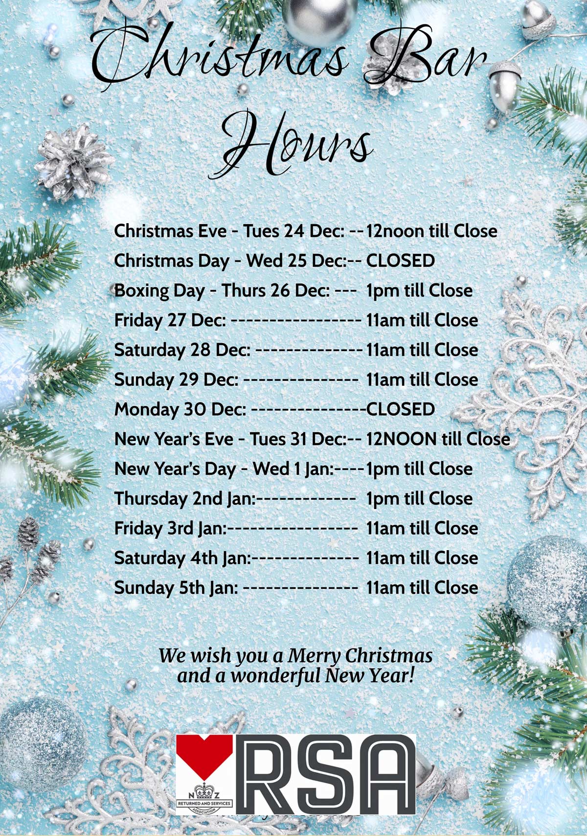 Restaurant & Bar - New Menu | Waihi Memorial RSA