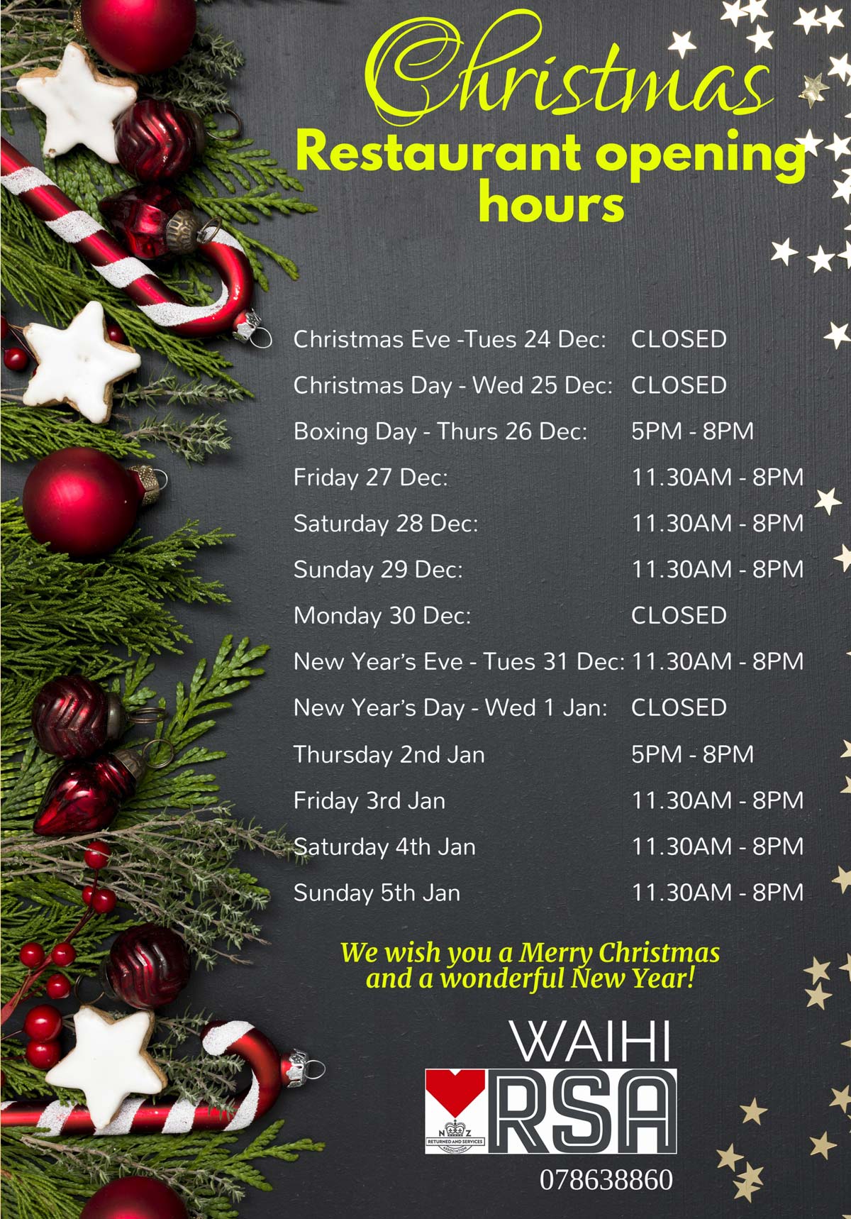 Restaurant & Bar - New Menu | Waihi Memorial RSA